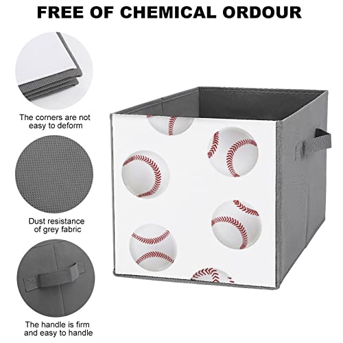 Baseball Leather Ball Storage Bins Cubes Foldable Fabric Organizers with Handles Clothes Bag Book Box Toys Basket for Shelves Closet 10.6"