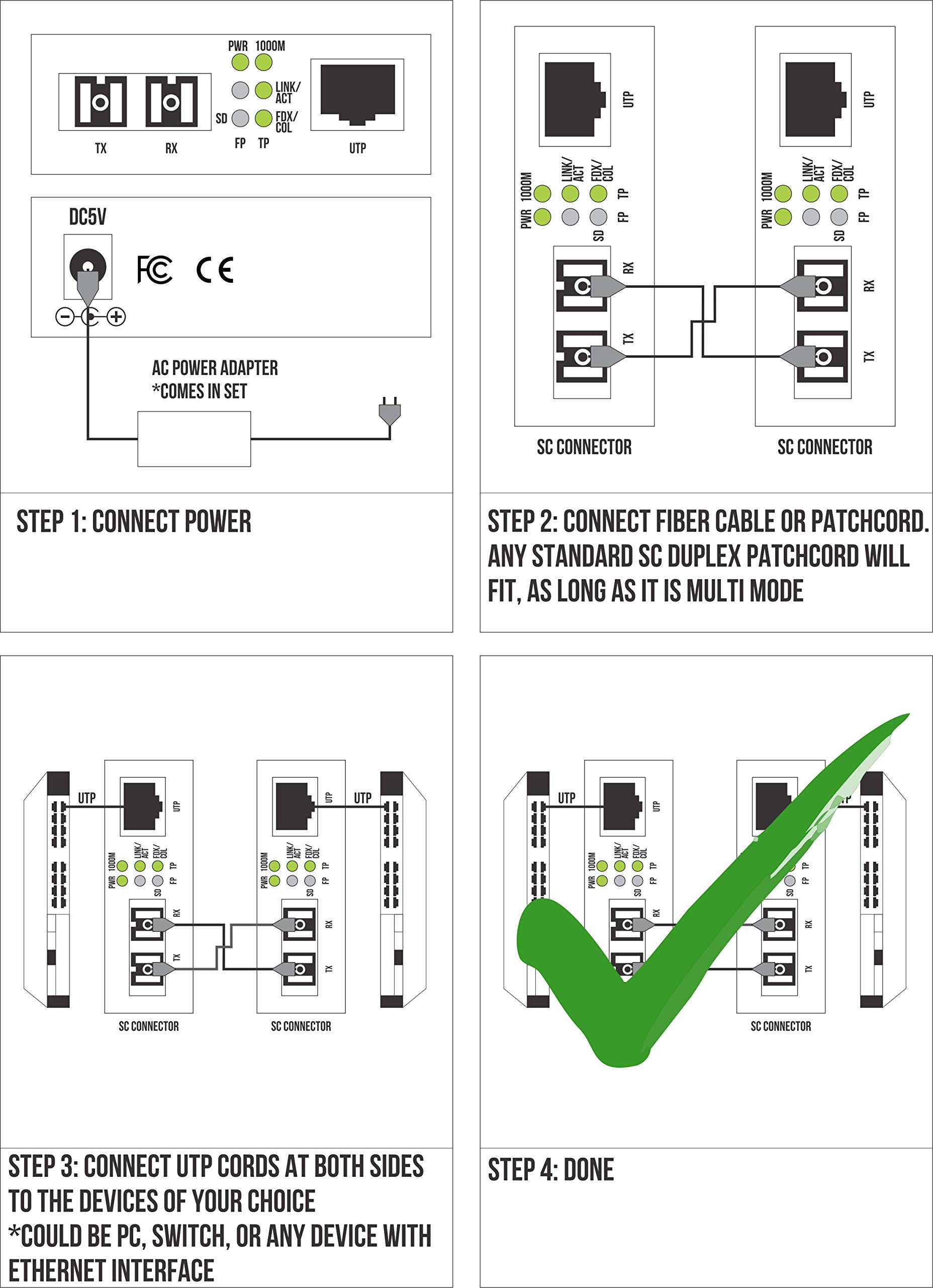 Multimode SC 850nm Gigabit Fiber Media Converter - Built-In SC Fiber Module 550m (0.34 miles) β to UTP Cat5e Cat6 10/100/1000 RJ-45 β Auto Sensing Gigabit | Fast Ethernet Speed - Jumbo Frame - LLF