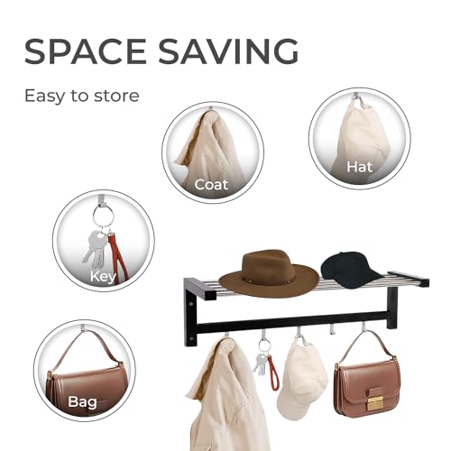 ARROWSTONE Coat Rack with Shelf Solid Acacia Wood, 31" Entryway Wall Mounted Shelf, Stainless Steel Coat Hooks, 5 Hooks for Clothes, Key Holders, Hats, for Bedroom, Living Room, Bathroom
