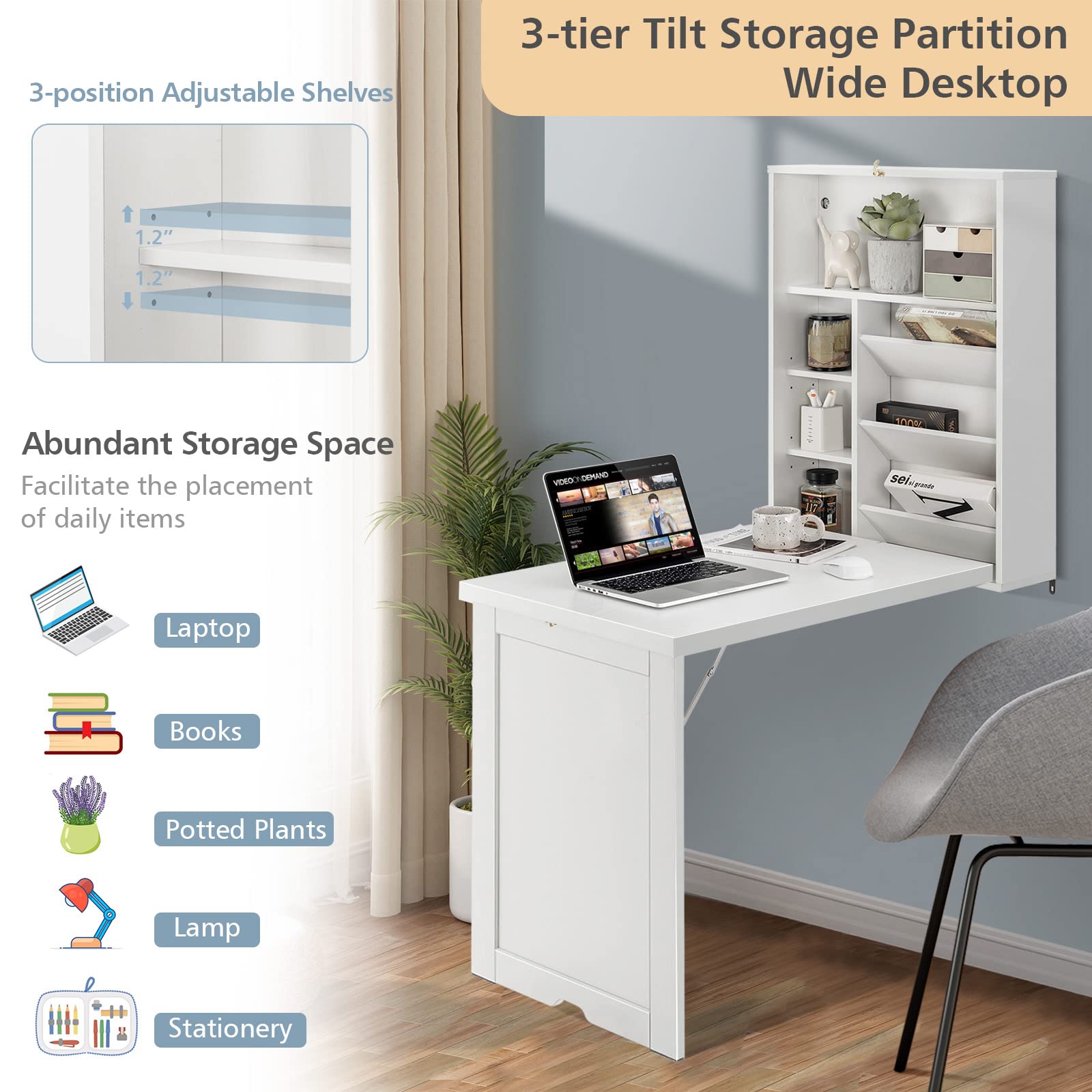 IFANNY Folding Wall Mounted Desk, Fold Down Desk with Storage Shelves, Wood Convertible Desk for Small Spaces, Murphy Desk Wall Mount, Floating Desk for Home Office (White)