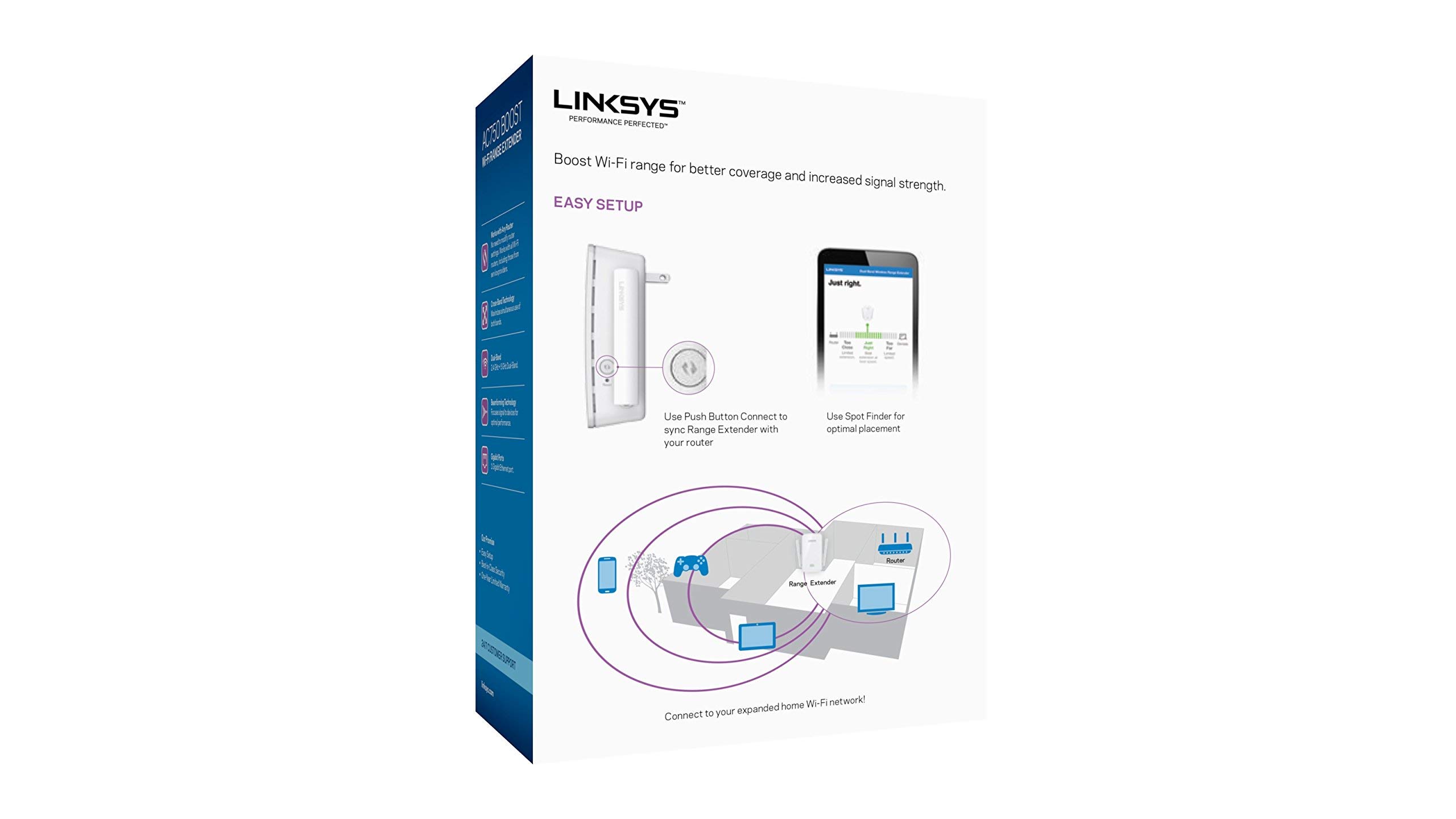 Linksys WiFi Extender, WiFi 5 Range Booster, Dual-Band Booster, Compact Wall Plug Design, 1,000 Sq. ft Coverage, Speeds up to (AC750) 750Mbps - RE6300