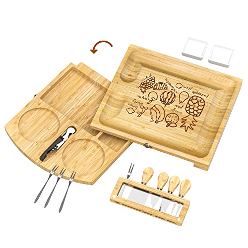 Cheese Board Charcuterie Board Set - Swiveling Wine Meat Cheese Platter Bamboo Cheese Server with Knives, Forks, Wine Opener, Ceramic Bowls for Gathering Party - Warming Gift for Women Friend