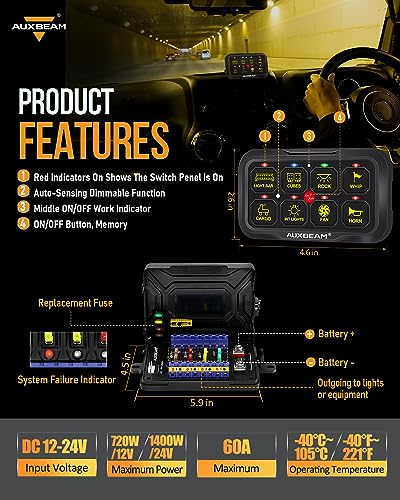 Auxbeam RGB Bluetooth 8 Gang Switch Panel AR-820 Toggle Momentary Pulsed Switch Pod for Truck UTV Offroad Boat with 47 inch Extension Wiring Harness