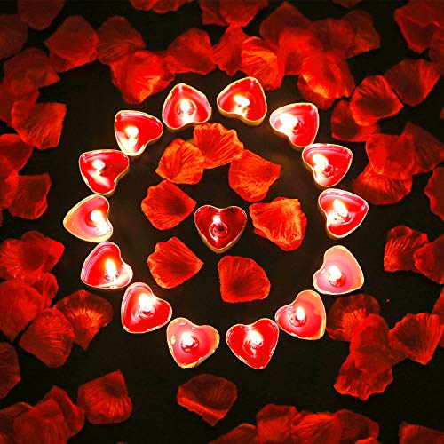 Tatuo 50 Pieces Heart Shape Candles Romantic Tealight Candles and 200 Pieces Silk Rose Petals Faux Flower Petals for Valentine's Day Festival Wedding Birthday Party (Red Candle, Red Petal)