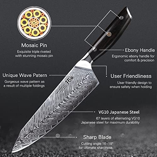 Chef Knife 8 Inch - Classic Damascus Pattern Professional Chef's Knives Japanese VG-10 Steel Ebony Wood Handle