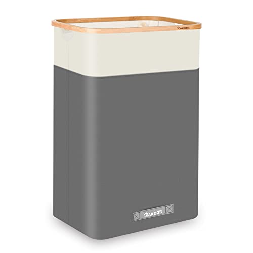 DAKCOS Laundry Basket with Bamboo Handles,80L Collapsible Laundry Hamper,Dirty Clothes Hamper for Bedroom, Bathroom,White-grey