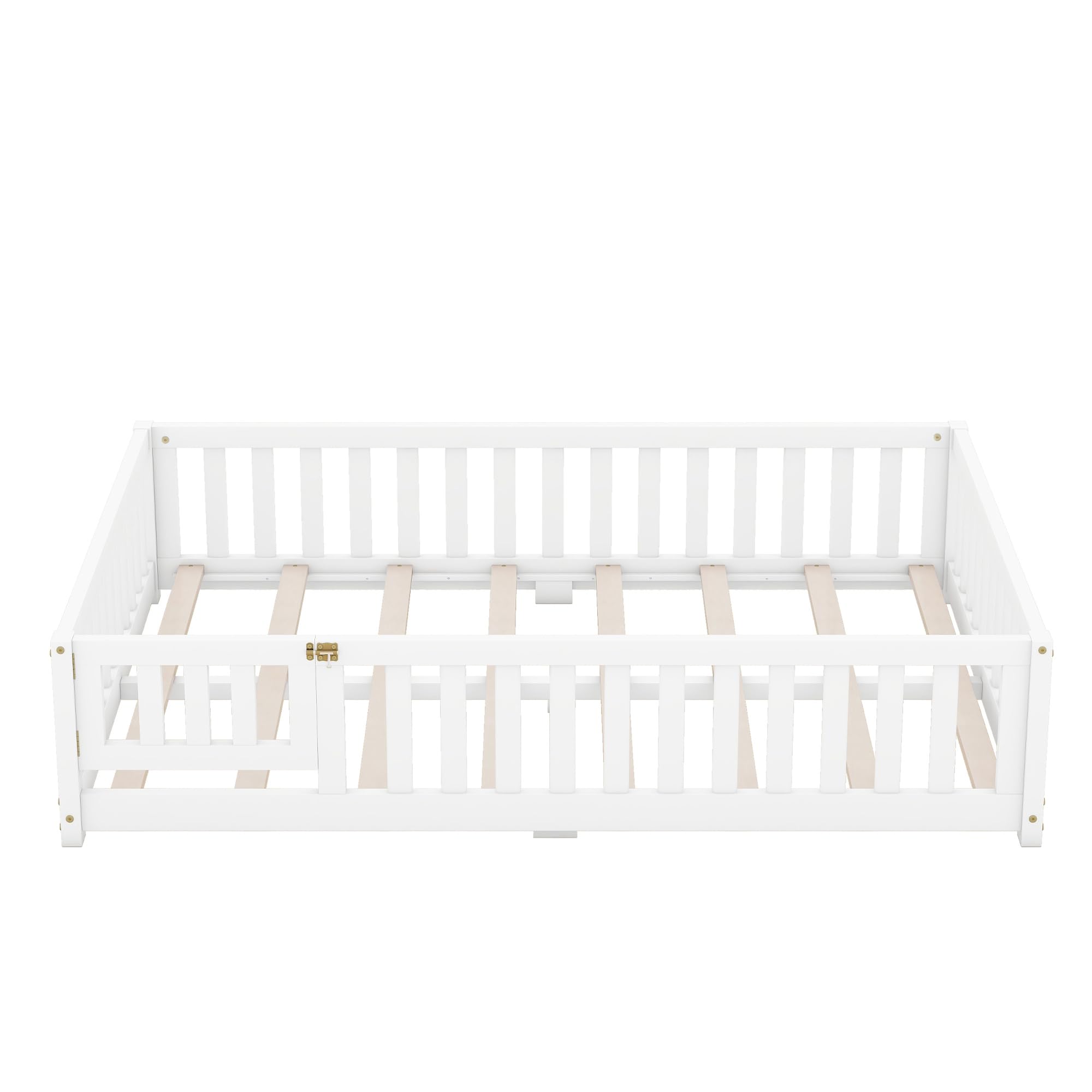 HomSof Full Size Bed Floor Bed with Safety Guardrails and Door for Kids,77.6''L x 55.9''W x 17.5''H, White