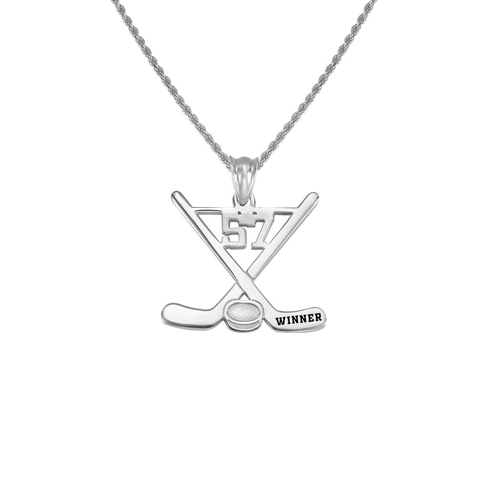 AILIN 925 Sterling Silver Custom Hockey Necklace With Lucky Number and Name Personalized Engraving Pendant Ice Hockey Sticks Sports Chain Charm Athletic Jewelry Gifts For Men Son Women