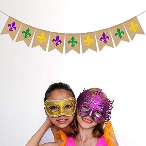 Rainlemon Jute Burlap Mardi Gras Banner March New Orleans Party Mantel Fireplace Garland Decoration Supply