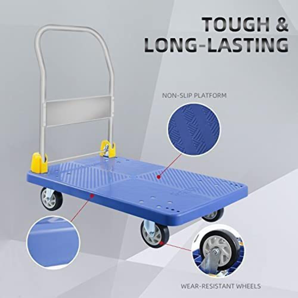Auroglint-Platform Truck with 880lb Weight Capacity and 360 Degree Swivel Wheels, Foldable Push Hand Cart for Loading and Storage, Blue