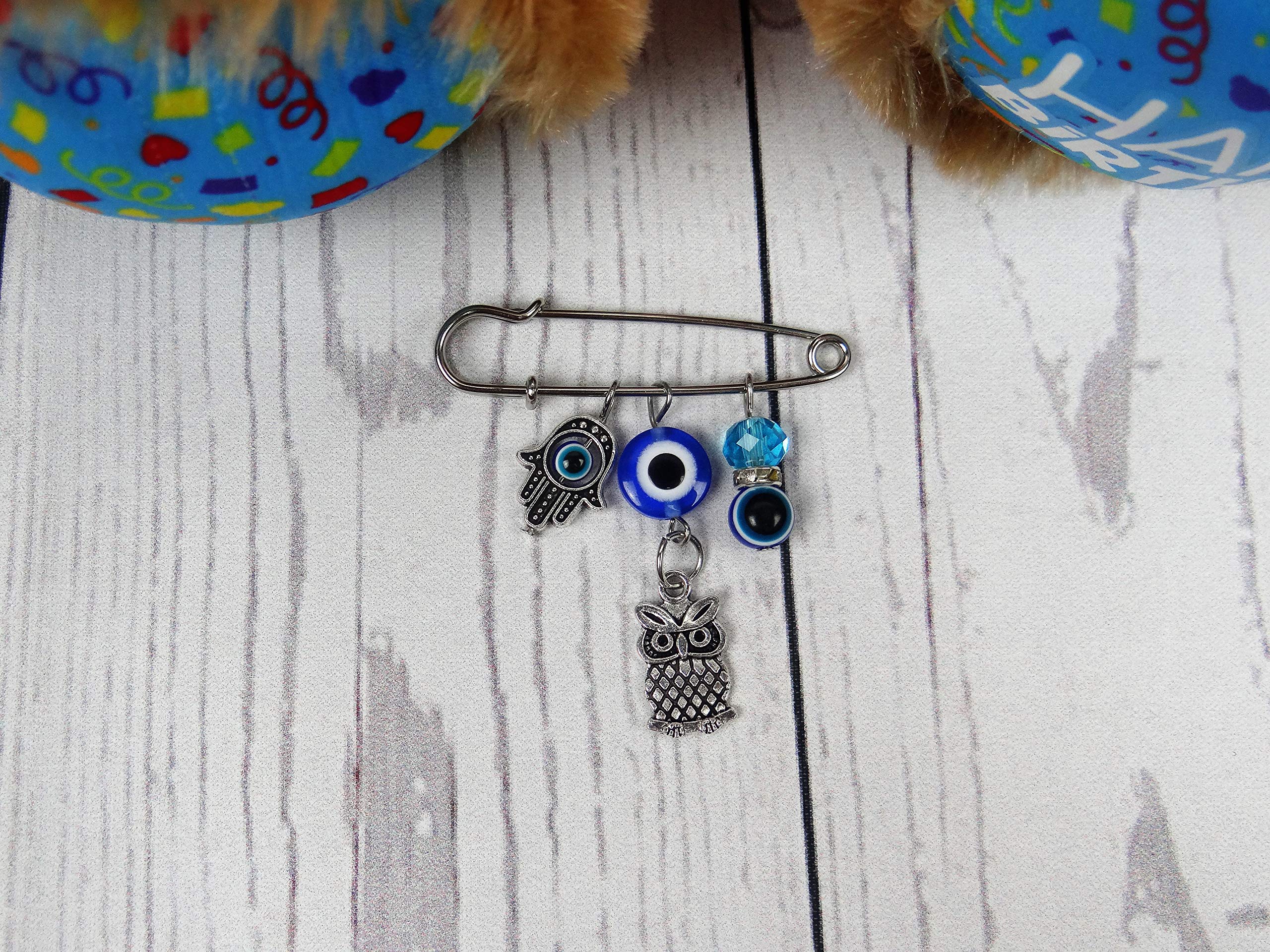 MyEvilEye Blue and Silver Color Evil Eye Hamsa Stroller Pin with Owl for Baby Good Luck