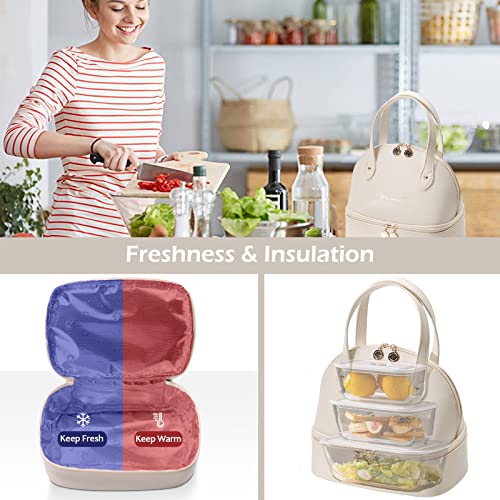 BAKLUCK Lunch Bag Women, Insulated Lunch Box Bag Compact Size with Large Capacity Lunch Tote Bag, Simple Modern Double Decker Waterproof PU Leather - Beige Lunch Bag for Work, Picnic, Travel