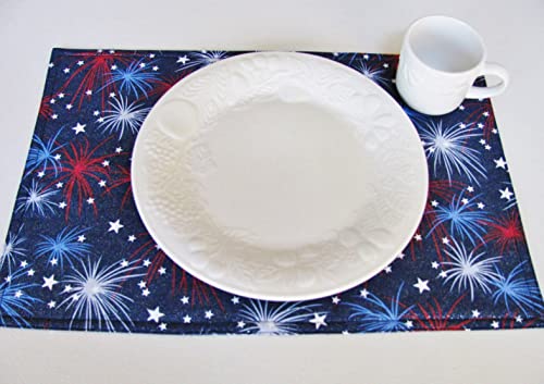 Fireworks & Stars Patriotic Cloth Napkins (Set of 2) Made in USA Patriotic Cotton Navy Blue/Red/White Glitter