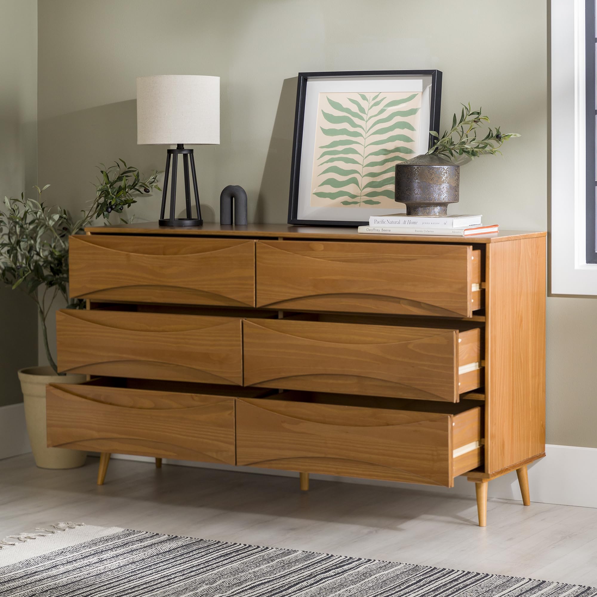 Walker Edison Lowry Mid-Century Modern Detailed-Drawer Solid Wood Dresser, 59 Inch, Caramel