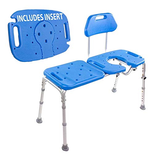 Bath Transfer Bench with Cutout Shower Seat, Deluxe All-Access Chair for Tub and Shower Transfers, Raised Toilet Seat for Seniors and Elderly Bathroom, Adjustable Height, Includes Insert, Blue