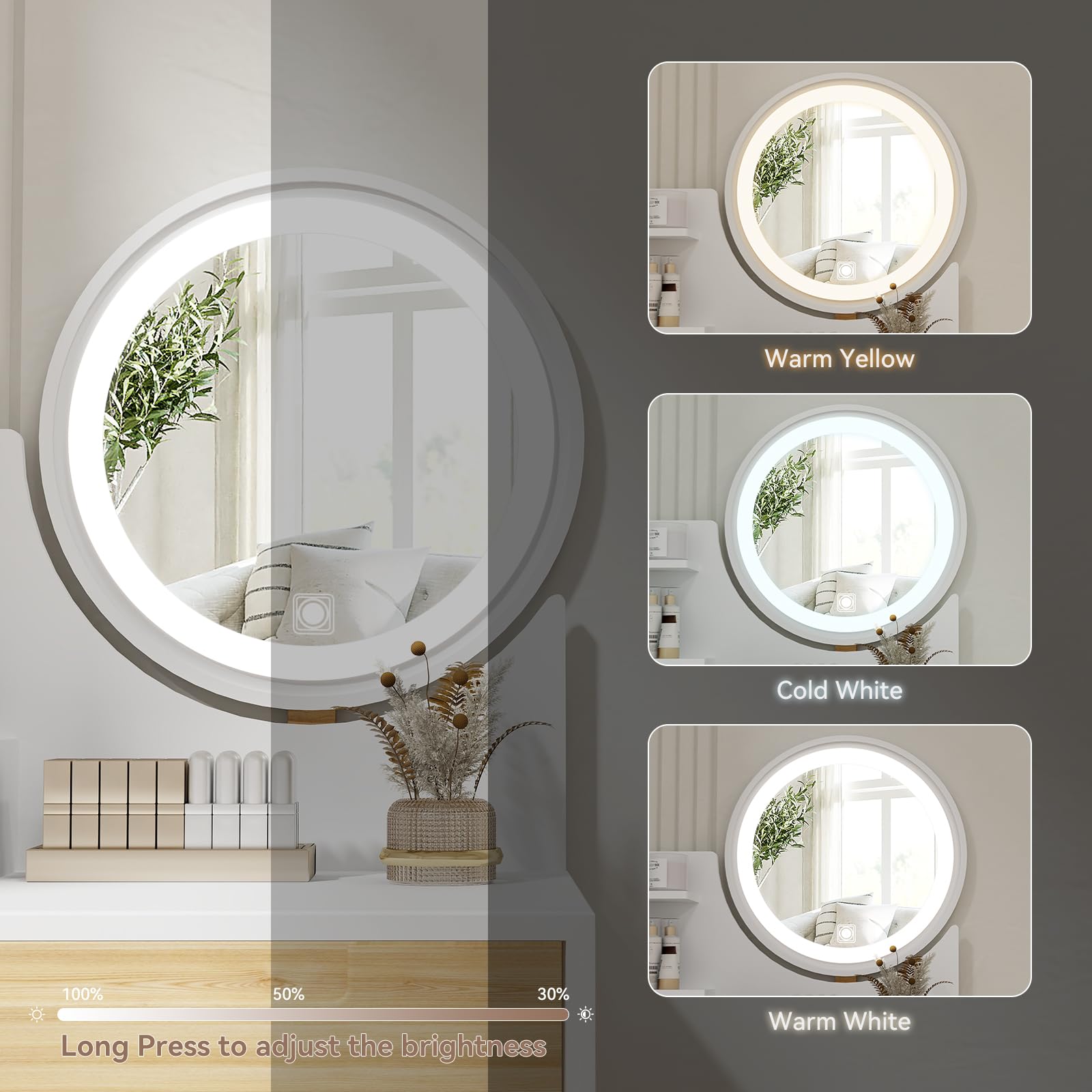ARTETHYS Small Vanity Desk Set with 3 Adjustable Lighted Mirror and Storage Shelf White Tiny Vanity Table with Drawer for Bedroom 24 Inch Makeup Vanity Compact Dressing Table for Small Space