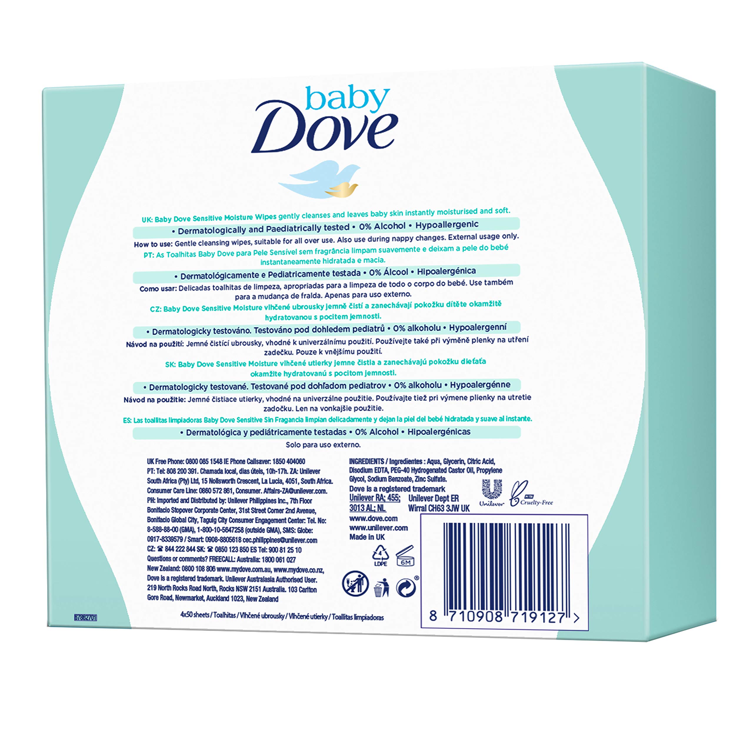Dove Baby Wipes, Sensitive Moisture, Hypoallergenic 0% Alcohol, 50 Wipes (Pack of 4, 200 Wipes)