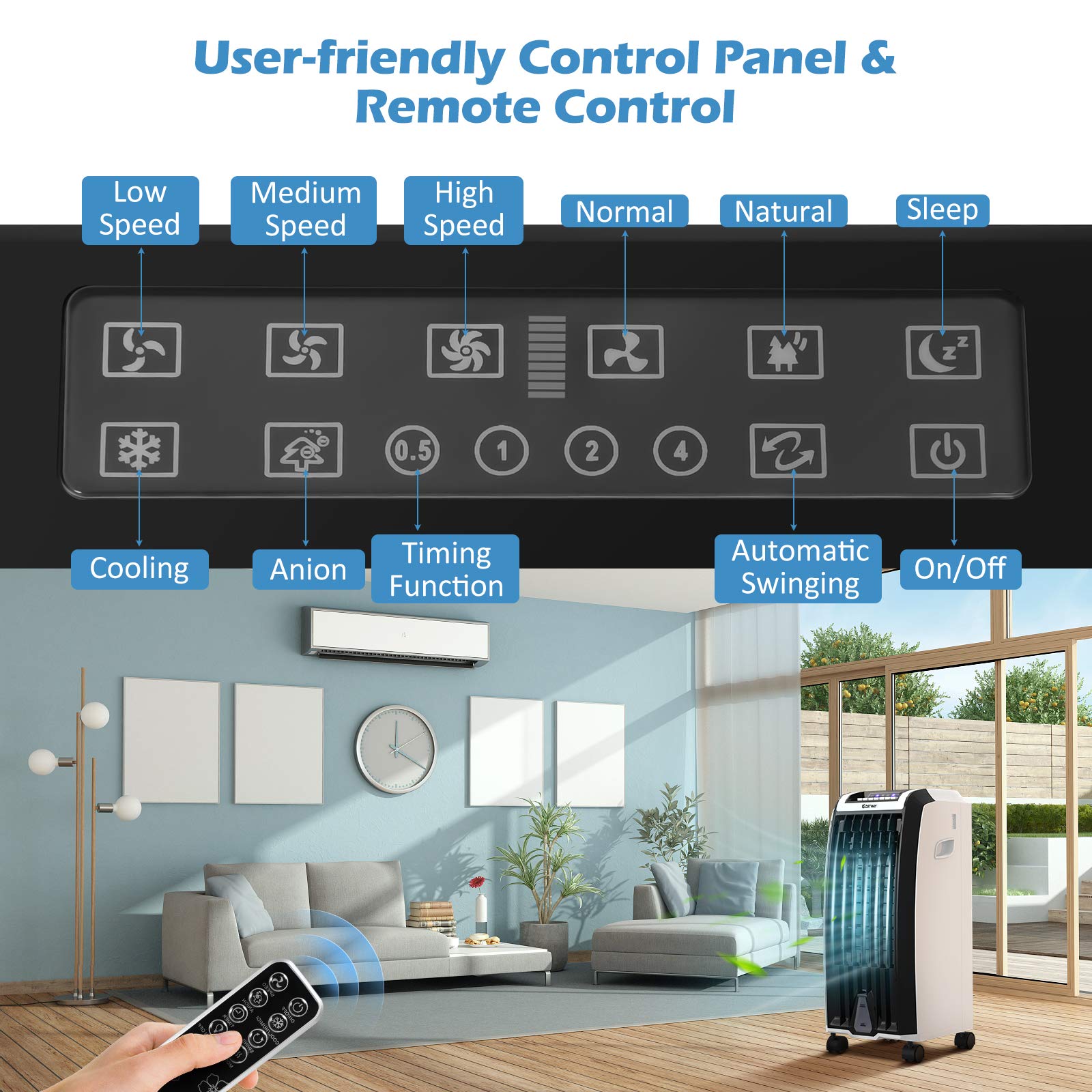 COSTWAY Evaporative Cooler, Portable Cooling Fan with Remote Control, 3-Mode, 3-Speed and 7.5H Timer Function, Include Ice Crystal Boxes, Water Tank and Casters, Bladeless Cooler for Home Office