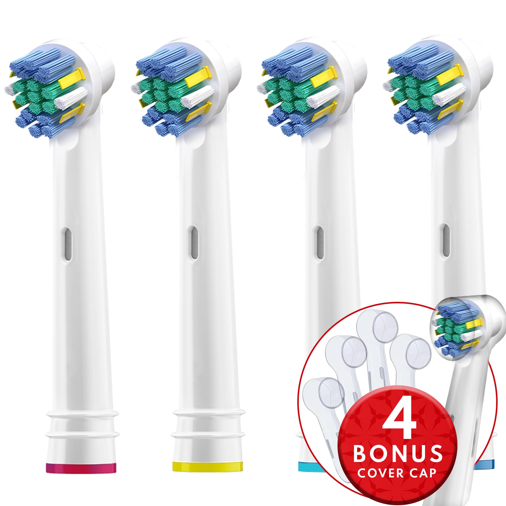 Replacement Brush Heads Compatible with Oral B Floss Action, Oral-B Braun 4 Pack + 4 Bonus Cover Cap. Compatible w/Vitality Floss Action, Oral-B 7000, 9000, Pro 1000, Kids