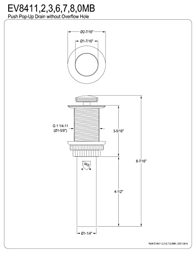 Kingston Brass EV8417 Coronet Push Pop-Up Bathroom Sink Drain Without Overflow, Brushed Brass 8.44 x 2.44 x 2.44