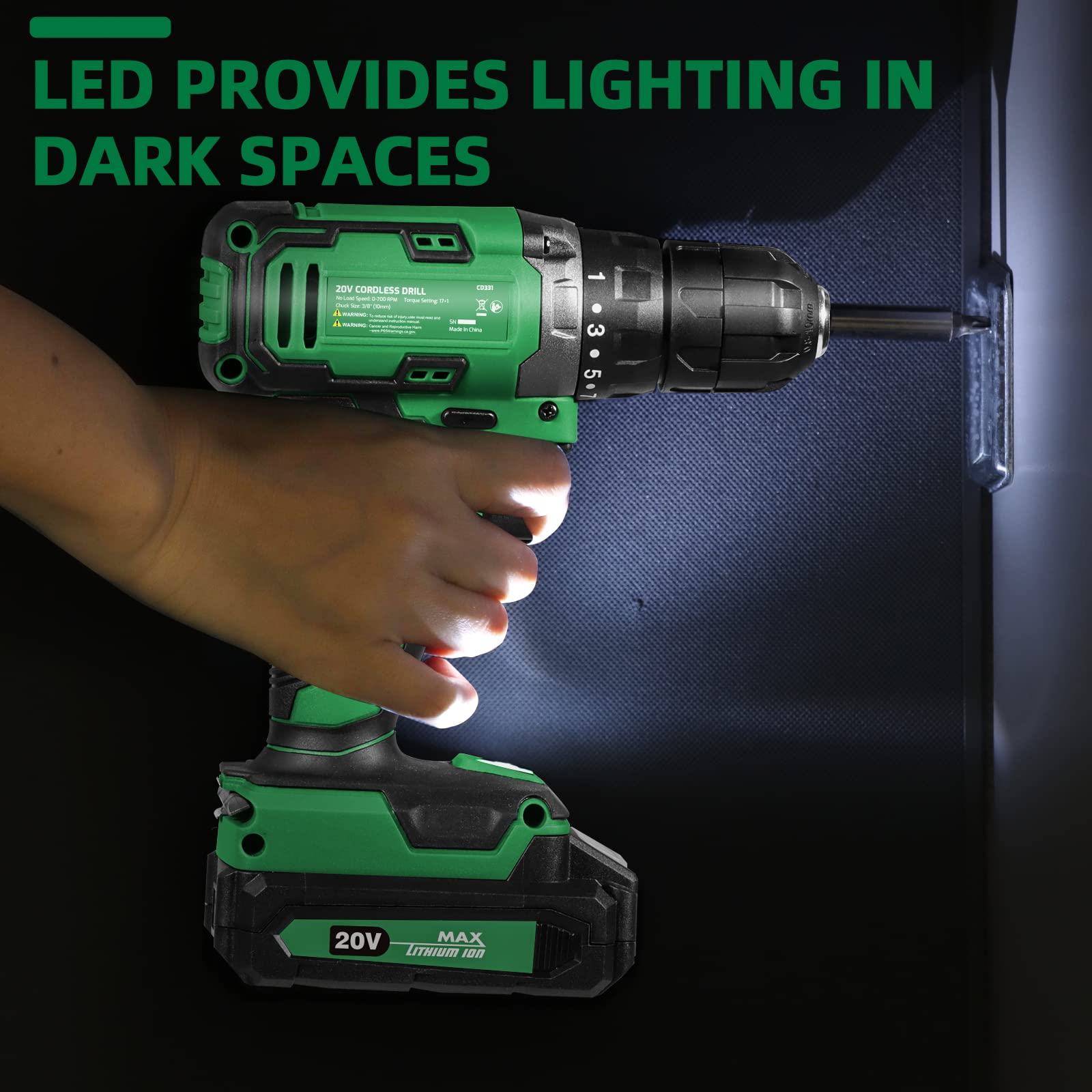 ALTOCRAFT Cordless Drill/Driver Kit 3/8",20V Max Electric Battery Power Drill Set w/22-Piece Accessories,Keyless Chuck,Variable Speed,LED Light,Drilling Wall Wood Metal