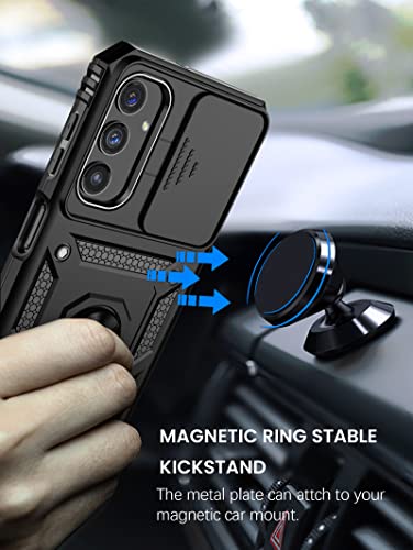 Dretal for Samsung A24 4G Case, Galaxy A24 5G Case with Slide Camera Cover + [2PCS] Tempered Glass Screen Protector, Military Grade Shockproof Protective Cover Built Finger Ring Kickstand (Black)