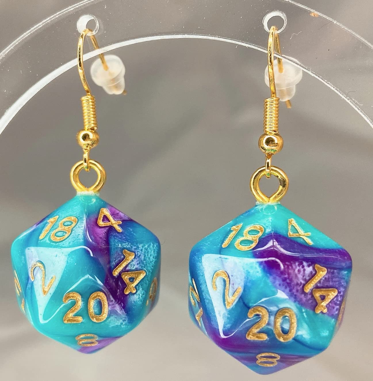 d20 20-Sided Polyhedral Dice Earrings - Hook with Earnuts (Light Blue-Purple Swirl)