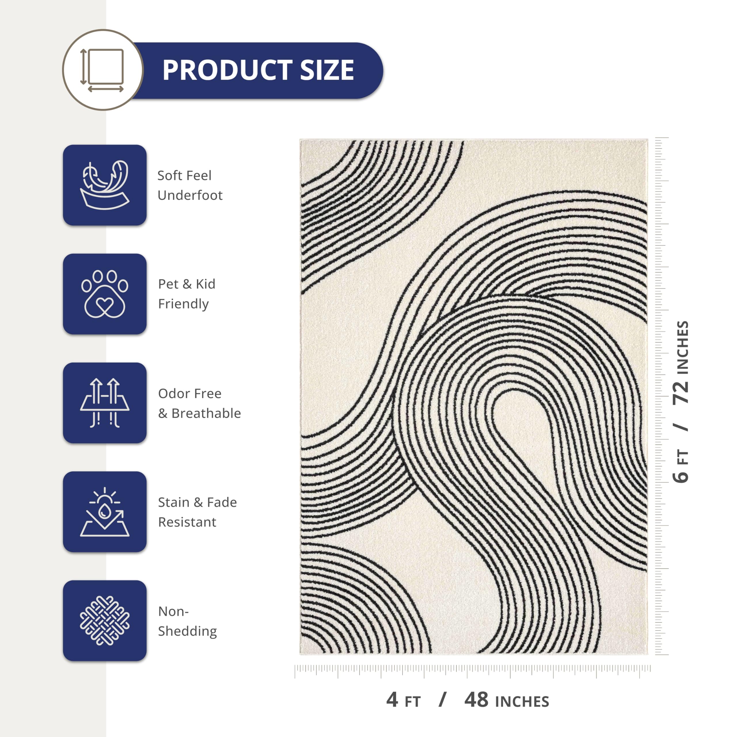 Abani Nuevo Beige Black Swirls Modern Area Rug 8' x 10' for Living Room, Bedroom - Abstract Design - Durable & Easy to Clean