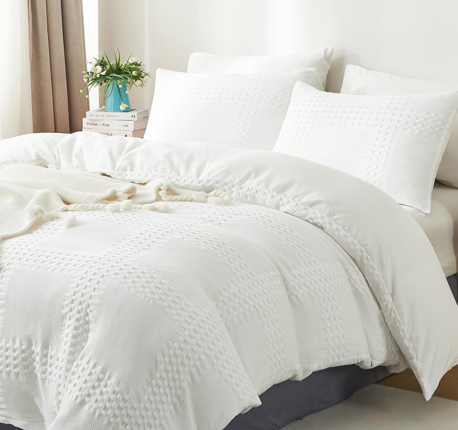Sedefen White Waffle Duvet Cover King Size Shabby Chic Boho Square Textured Pattern 3 Pieces Soft Microfiber Bedding Duvet Cover Set Gift Choice Home Decrative