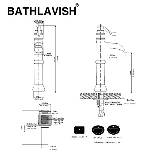 BATHLAVISH Bathroom Vessel Sink Faucet Oil Rubbed Bronze Black Farmhouse Waterfall Single Hole Tall with Pop Up Drain Assembly Without Overflow One Hole Mixer Tap Deck Mount Commercial