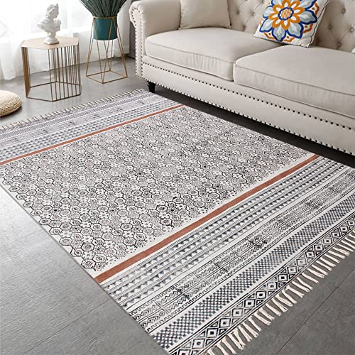 Casavani Hand Block Printed Tassels Throw Rugs Brown, Black Geometric Area Rug Doormat Floor Rug Indoor Area Rugs for Bedroom Living Room Laundry Room 3x10 Feet Runner