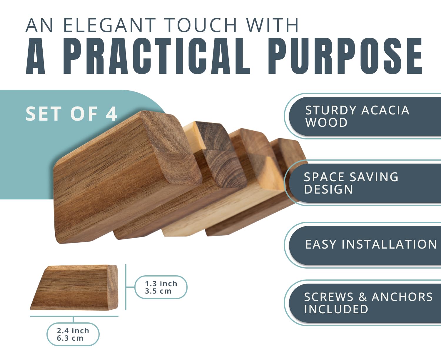 Acacia Wood Hooks, Natural Rectangular Hangers for Keys, Towels, Accessories β Functional Entryway, Bathroom Organizer β Sleek Wall Decor, Space-Saving Design β Perfect for Small Spaces, Modern Homes