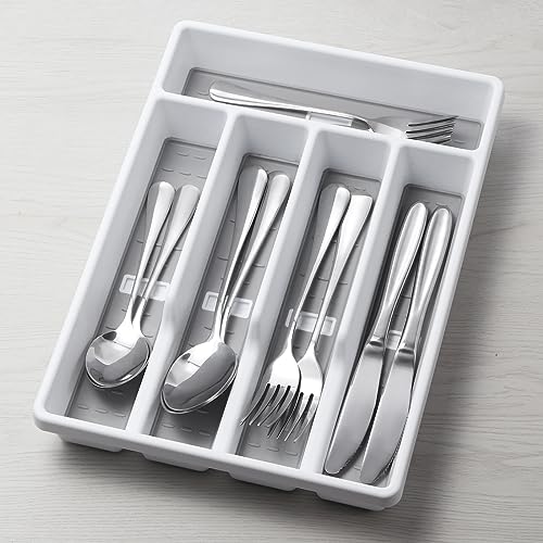 CherHome Silverware Organizer with Cutlery Icons,Silverware Tray for Kitchen Drawer,Plastic Flatware Tableware Silverware Drawer Organizer Utensil Organizer with Non-slip TPR Linings,5-Compartment(Grey)