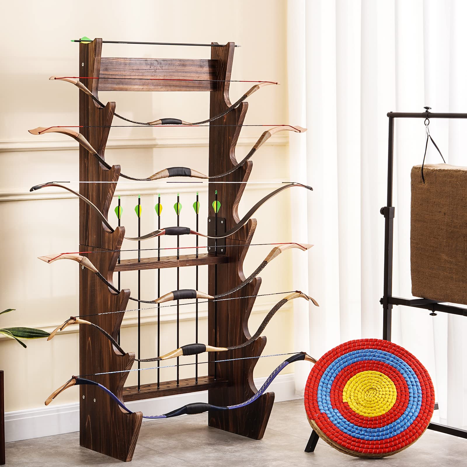 Aimdorarchery Bow Stand Bow Shelf for All Bows Pure Pine Wood Retro Design Best Choice for Bow Wall Decor Sturdy and Stable Bow Stand Can Hold 6 Bows 24 Arrows Storing your equipment conveniently