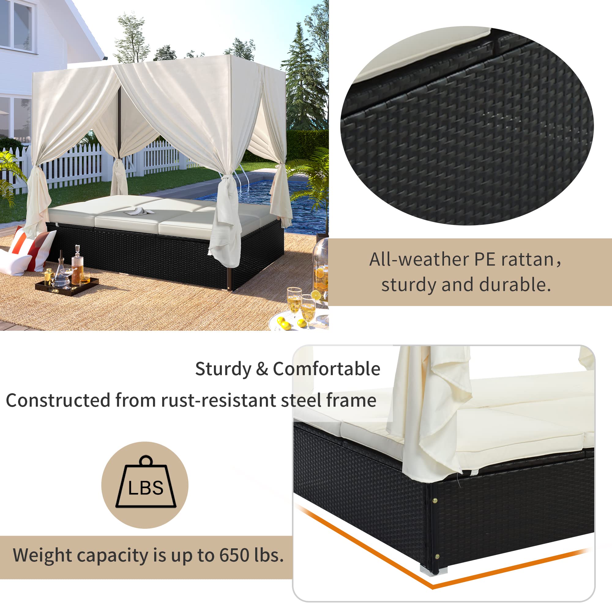 LUMISOL Outdoor Patio Chaise Lounge, Patio Sunbed Canopy Bed Daybed with Retractable Canopy, Rattan Sun Lounger Patio Loveseat Sofa Set with Curtains