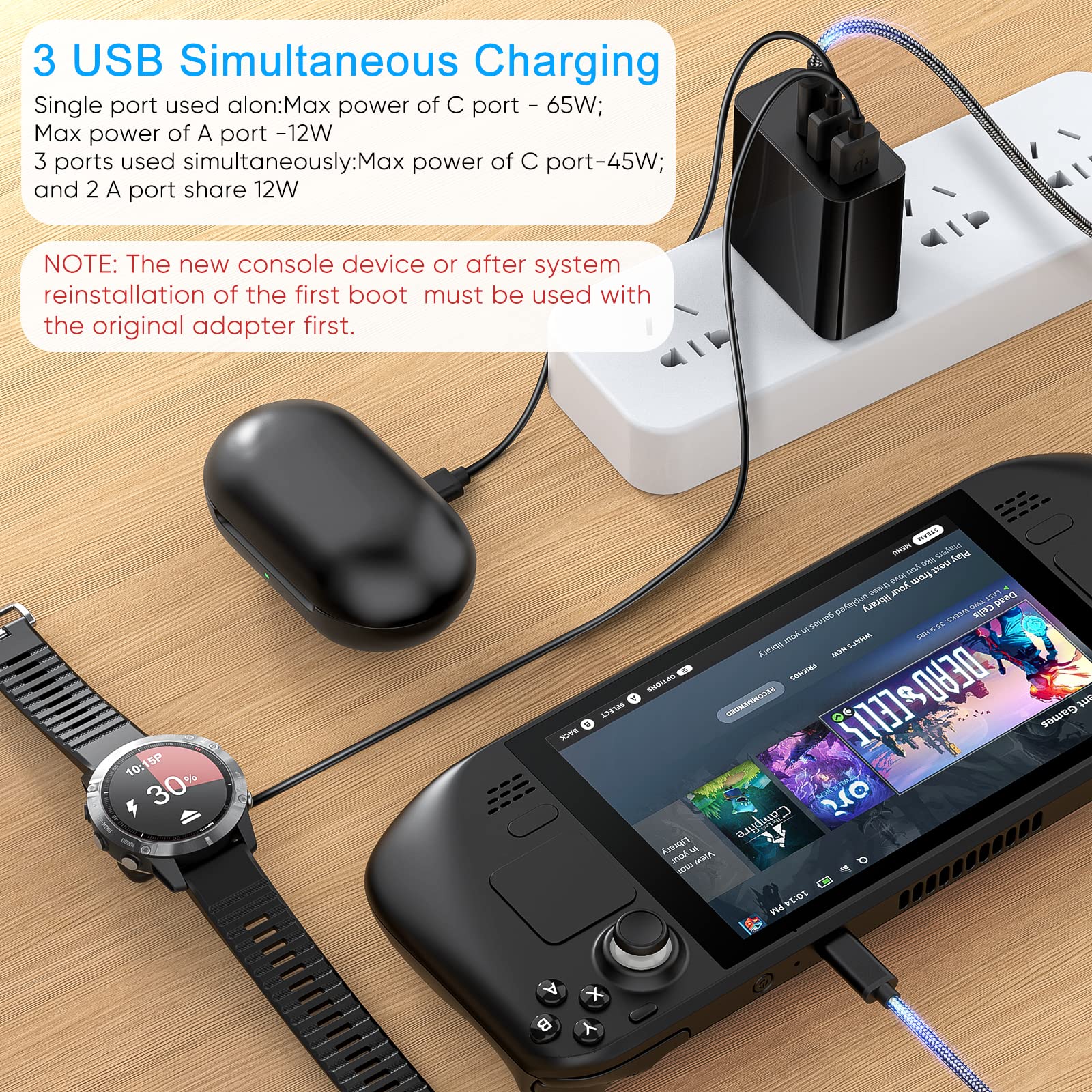 65W USB C Charger for Steam Deck,MENEEA Foldable Power Adapter 3 Port Fast Wall Charger & 6.6ft USB C Charging Cable Cord & US/UK/EU/AU Plug for Travel, Accessories for Steam Deck/Phone/Tablet/Laptop