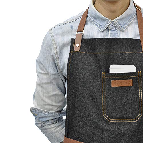 DingSay Trendy Denim Chef Apron with Pockets, Mens Womens Professional Kitchen Bib Black Apron for Cooking Grill BBQ Server, with Towel Loop and Adjustable Neck Straps