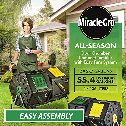 Miracle-Gro Large Dual Chamber Compost Tumbler β Easy-Turn, Fast-Working System β All-Season, Heavy-Duty, High Volume Composter with 2 Sliding Doors - (2 β 27.7gallon /105 Liter), Black