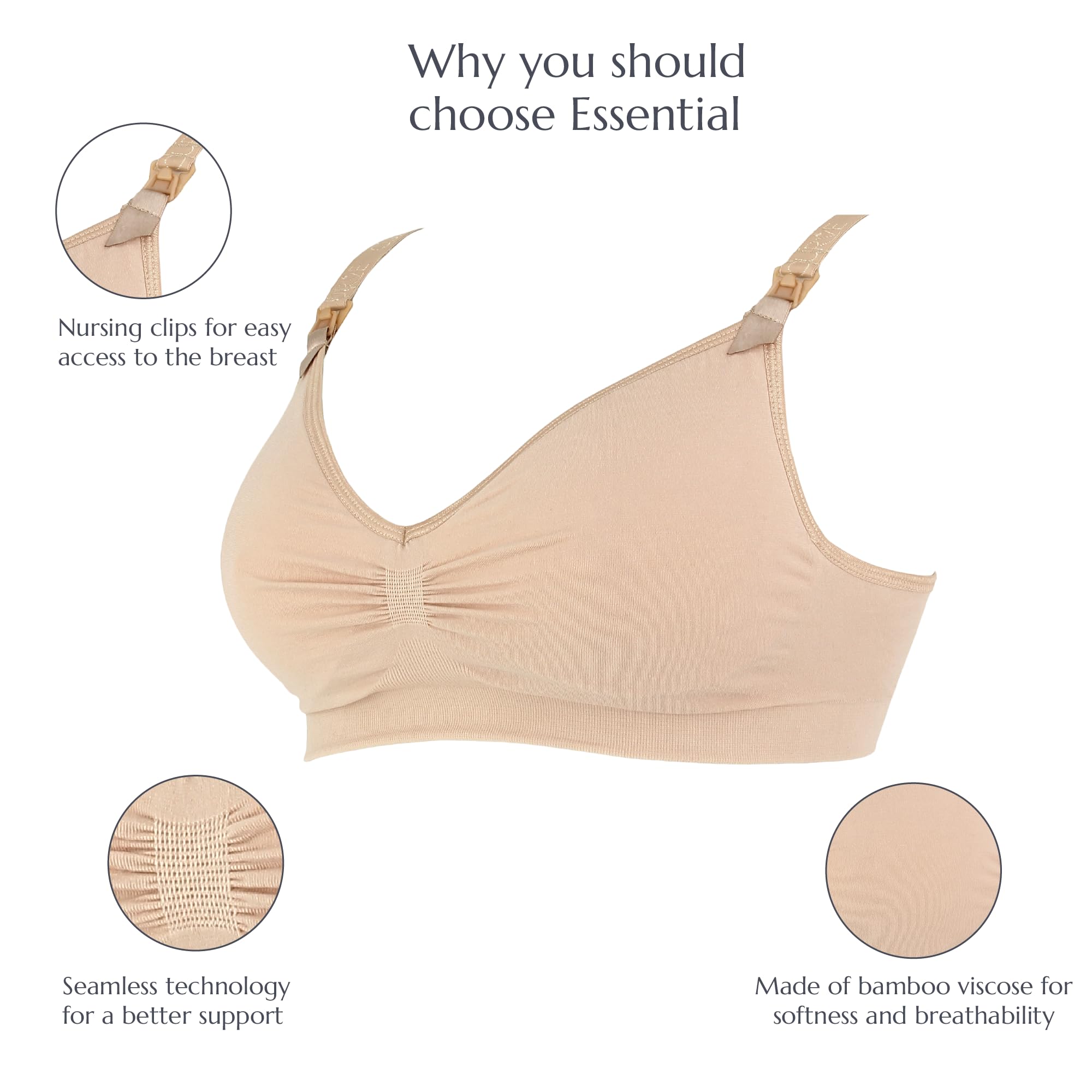 Breastfeeding Essentials for Nursing Moms: Bamboo Viscose Maternity and Nursing Bra, 2 Day Nursing Pads, 2 Night Nursing Pads (US, Alpha, X-Large, Regular, Regular, Nude)