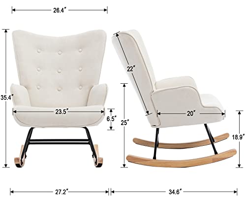 Fabric Nursery Rocking Accent Chair, Modern Tufted Button Wingback Glider Rocker Armchair with Solid Wood Legs, Beige