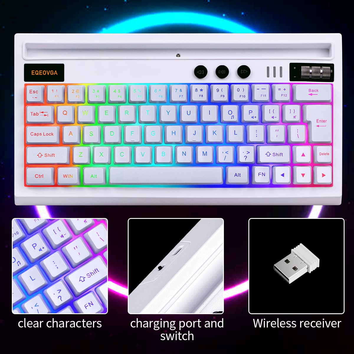 EQEOVGA L640 60% Wireless Gaming Keyboard,3300mAh Battery 2.4G Wireless Stand Design,RGB Backlit Waterproof Mini Compact 63 Key for PC/Mac Gamer, Typist, Travel, Easy to Carry on Business Trip(White)
