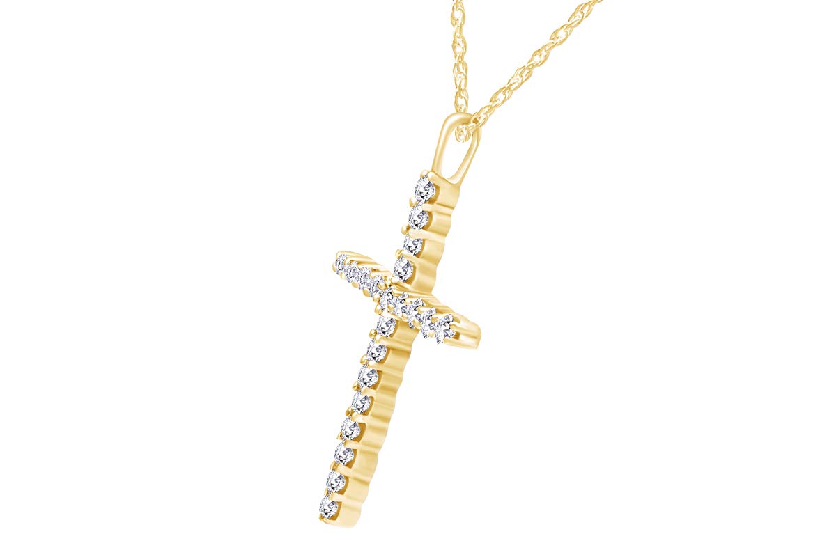 AFFY 0.30 Carat (Cttw) 14K Solid Yellow Gold Round Diamond Ladies Cross Pendant 1/3 CT (Silver Chain in cluded)