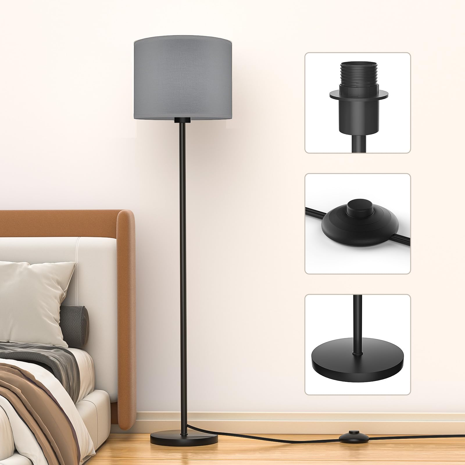 66.2'' Industrial Floor Lamp for Living Room Bedroom, Modern Floor Lamp with Remote Control and Stepless Dimmable Colors Temperature & Brightness, Foot Switch, 9W Bulb Included, Darker light sou(Grey)