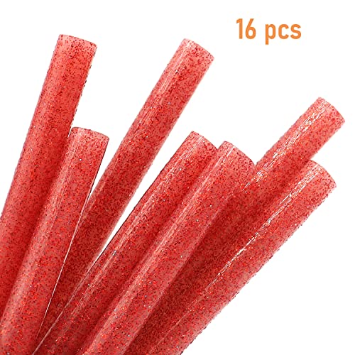 FOCMKEAS 16 PCS Mini Hot Glue Sticks 0.27" Dia. x 3.94" Long Hot Melt Glue Gun Sticks All Purpose Adhesive for Multi-Temp Hot Glue Gun Glue DIY Work, Glitter Red