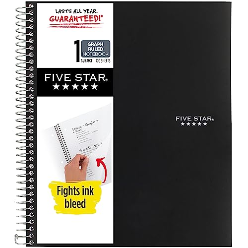Five Star Spiral Notebook, 1 Subject, Graph Ruled Paper, 100 Sheets, 11" x 8-1/2" Sheet Size, Assorted Colors, Color Will Vary, 1 Count (06190)