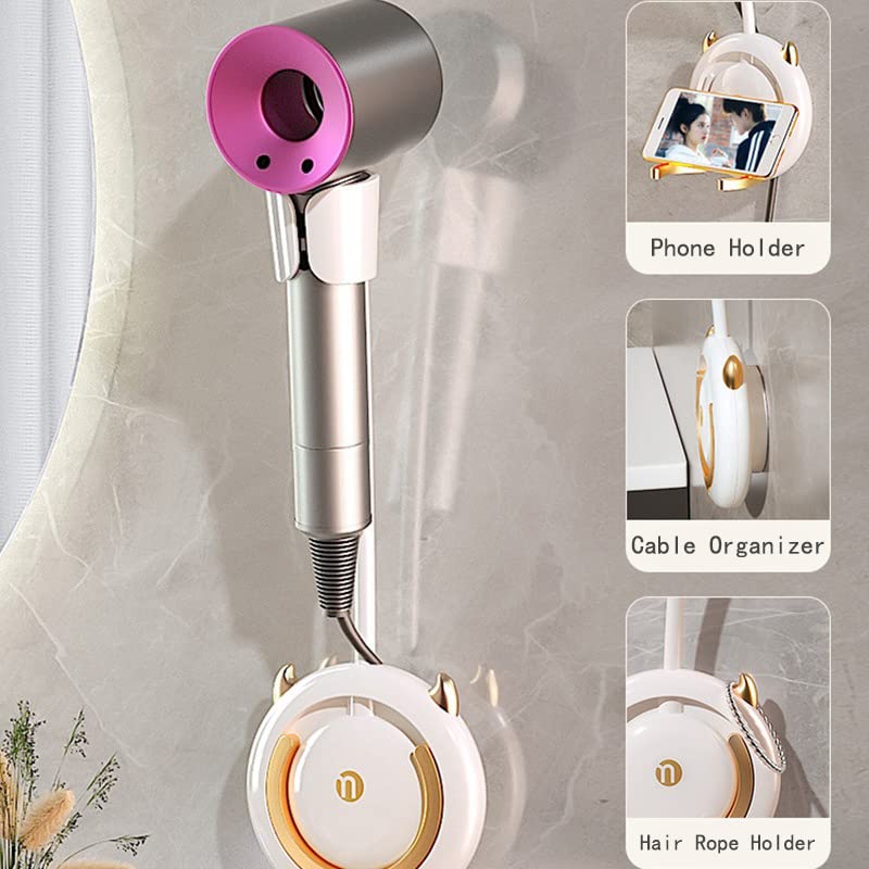 JARPSIRY 360° Adjustable Hands Free Hair Dryer Holder, Wall Mounted Blow Dryer Stand Rack with Cable Hanger, Flexible Lazy Hair Dryer Holder Bathroom Organizer