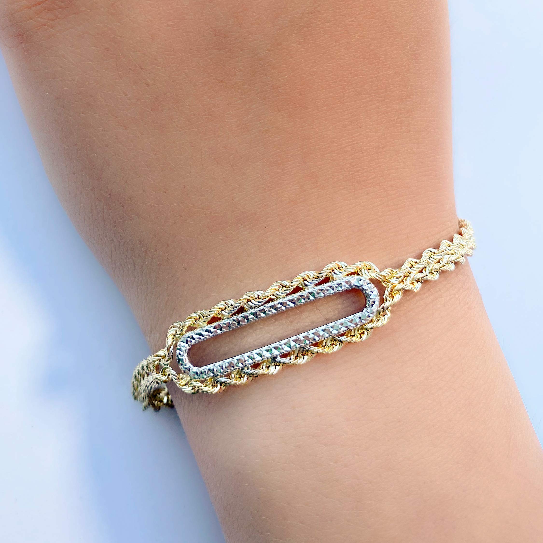 Abbie+Cleo 10k Yellow Gold with Diamond Cut White Gold Accents Double Rope Link Bracelet, 7.5"