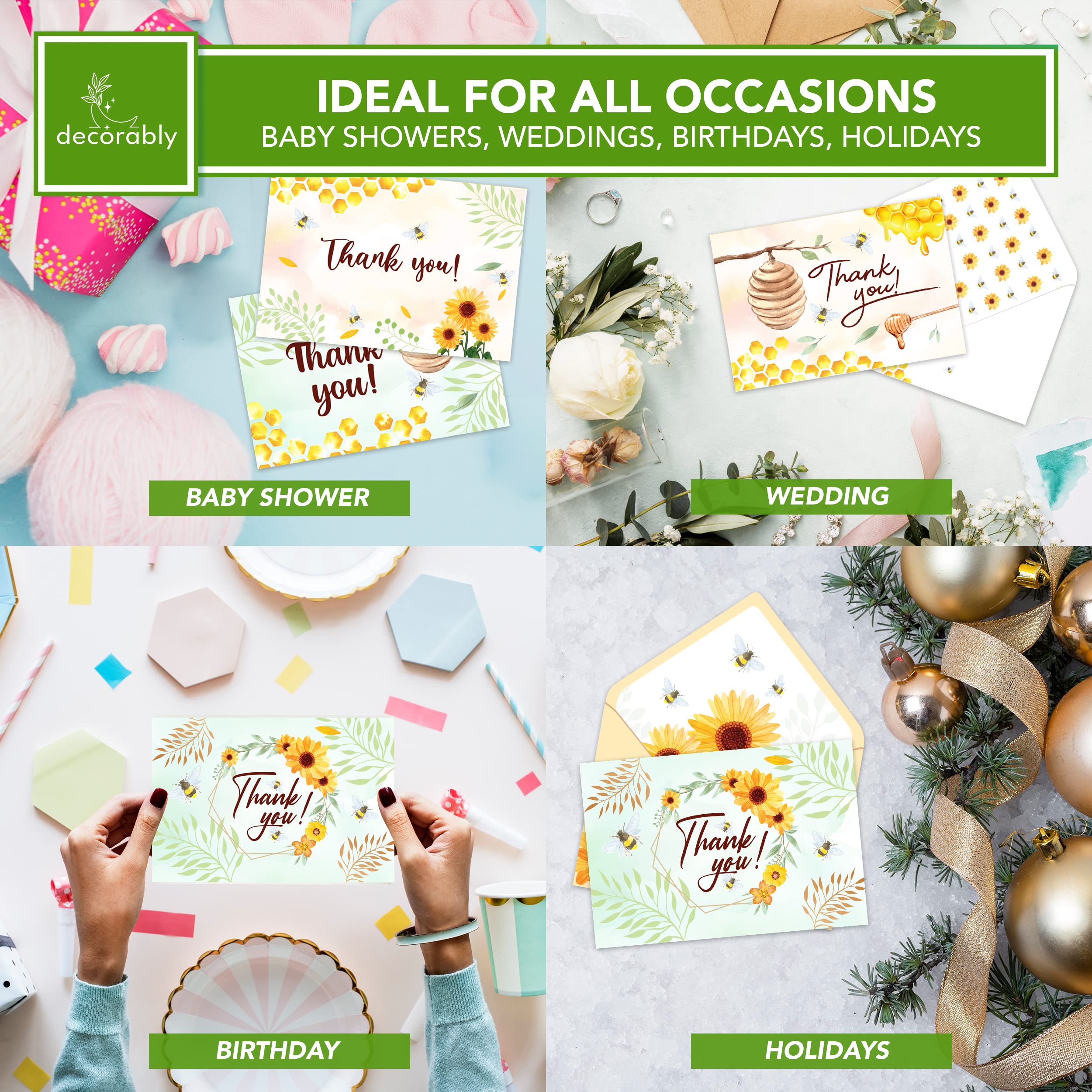 Decorably Thank You Cards with Envelopes & Stickers - 24 Pack Honey Bee Thank You Cards with Envelopes & Stickers, Blank Inside Bee Note Cards, 6x4in Bee Notecards, Bee Cards with Envelopes