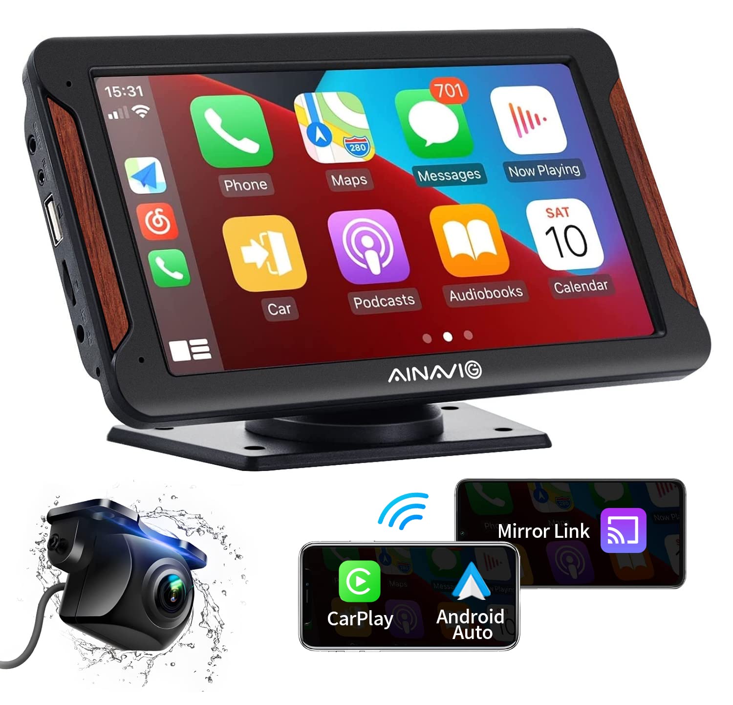 AINAVIGO Portable Car Radio with Apple Carplay & Android Auto, Wireless Car Play 7'' Touch Screen Car Stereo with Bluetooth and Backup Camera, GPS Navigation, Mirror Link, FM, Carplay Screen for Car
