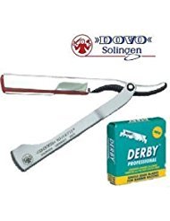 DOVO Shavette Steel Handle Straight Razor with Red Holder and FREE 100 DERBY Professional Single Edge Blades